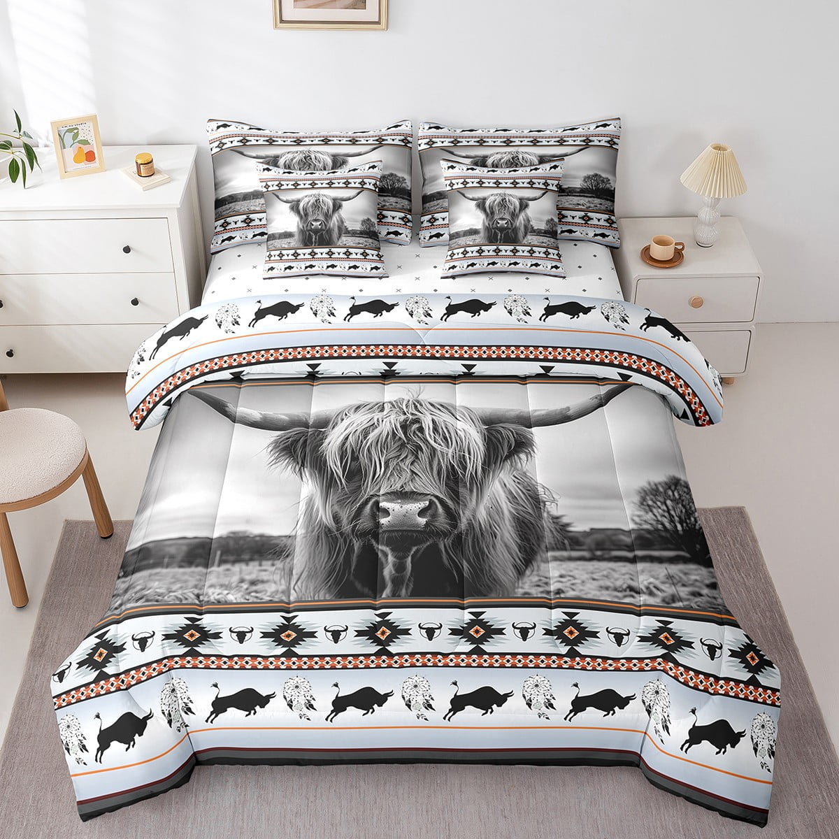 Highland Cow Bed in a Bag King Size Comforter Set 7 Pieces,Tribe Arrow Longhorn Bull Cattle ...