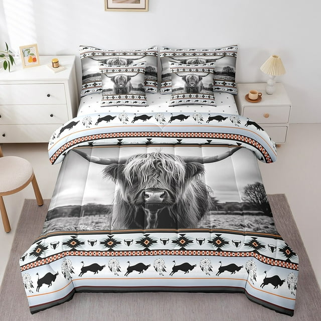 Highland Cow Bed in a Bag King Size Comforter Set 7 Pieces,Tribe Arrow Longhorn Bull Cattle ...