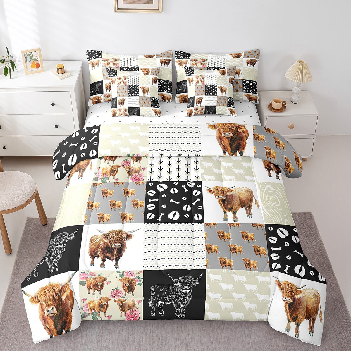 Highland Cow Bed in a Bag King Size Comforter Set 7 Pieces,Western Animals Sheet Set,Cowgirl ...