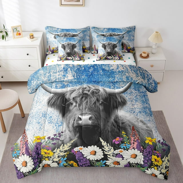 Highland Cow Bed in a Bag Queen Comforter Set 7 Piece,Abstract Blue Ombre Bedding Sets Bohemian ...