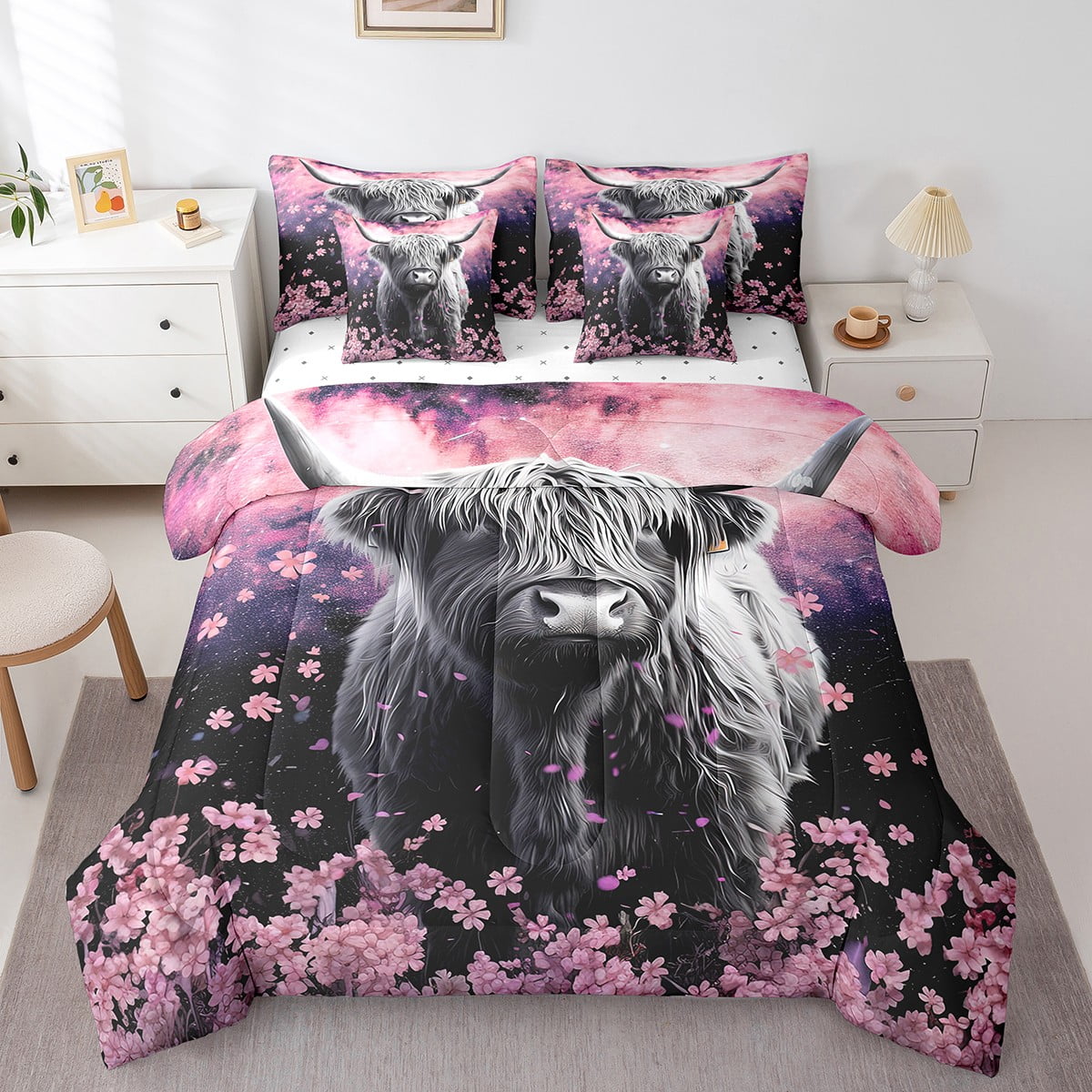 Highland Cow Bed in a Bag Queen Comforter Set 7 Piece,Cherry Blossom Bedding Sets Pink Flowers ...