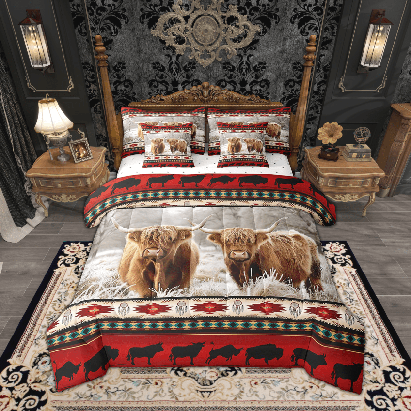 Highland Cow Bed in a Bag Queen Comforter Set 7 Piece,Tribe Arrow Longhorn Bull Cattle Bedding ...