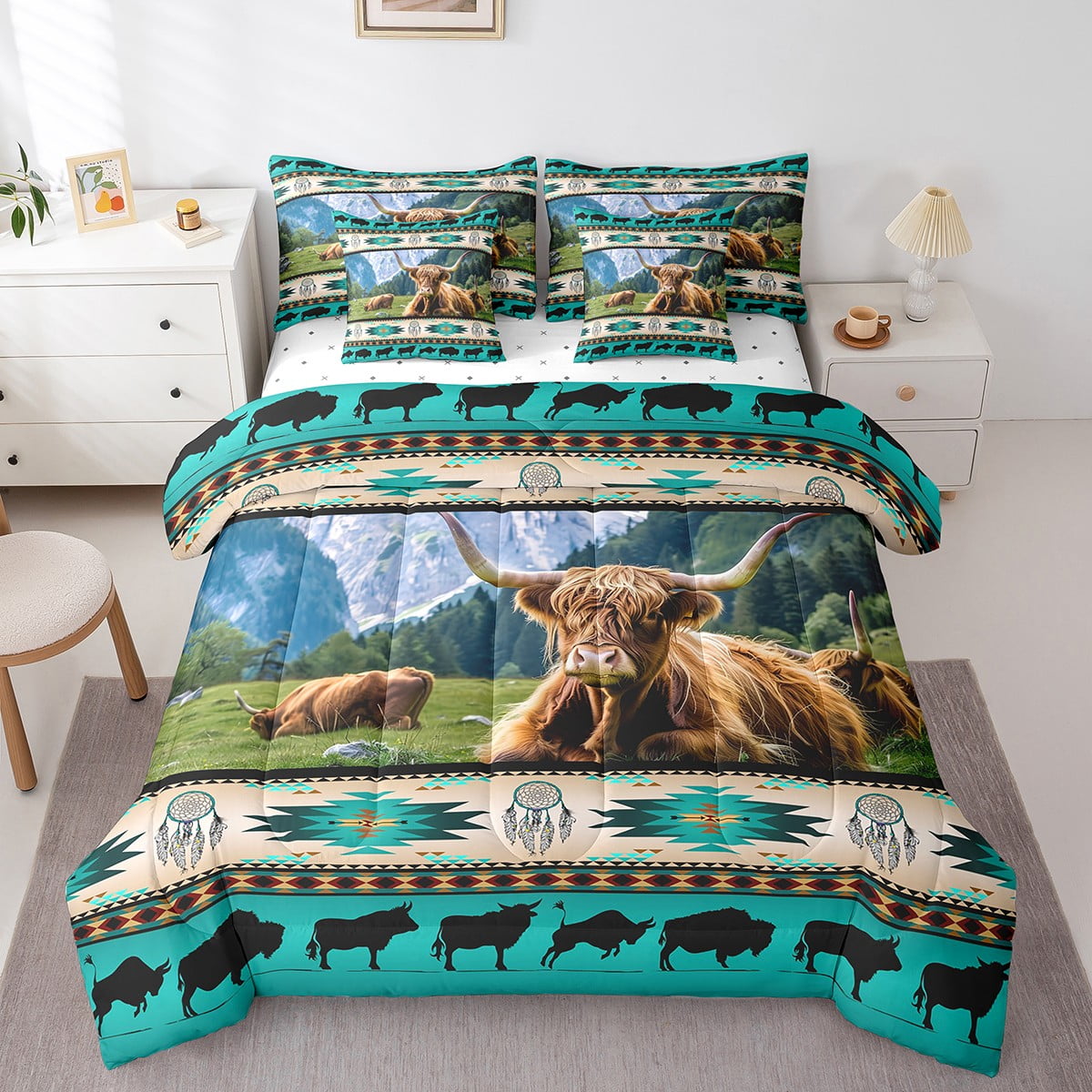 Highland Cow Bed in a Bag Queen Comforter Set 7 Piece,Tribe Arrow Longhorn Bull Cattle Bedding ...