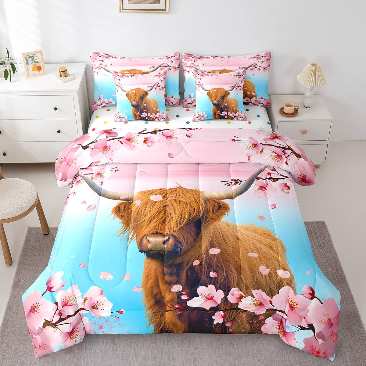 Highland Cow Bed in a Bag Queen Comforter Set 7 Piece,Farm Animals Bedding Sets Gradient Teal ...