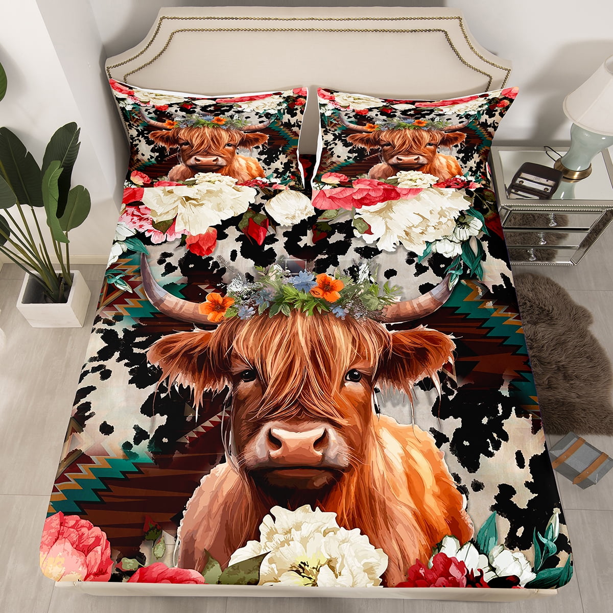 Highland Cow Bed Sheets Cowboys Gifts for Men,WatercolorFlowers Bedding ...
