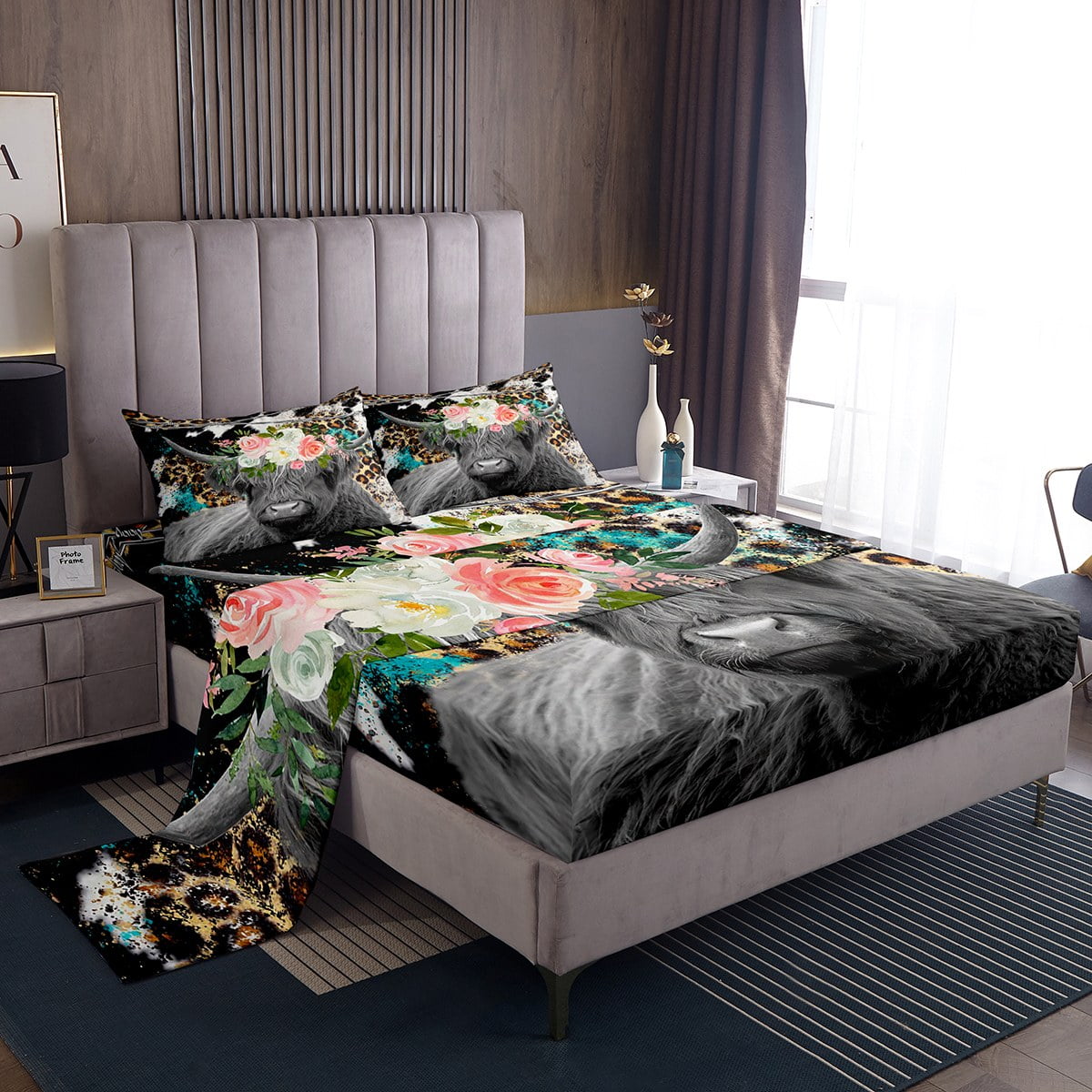 Highland Cow Bed Sheets Set Cowhide Leopard Print Sheet Set Full ...