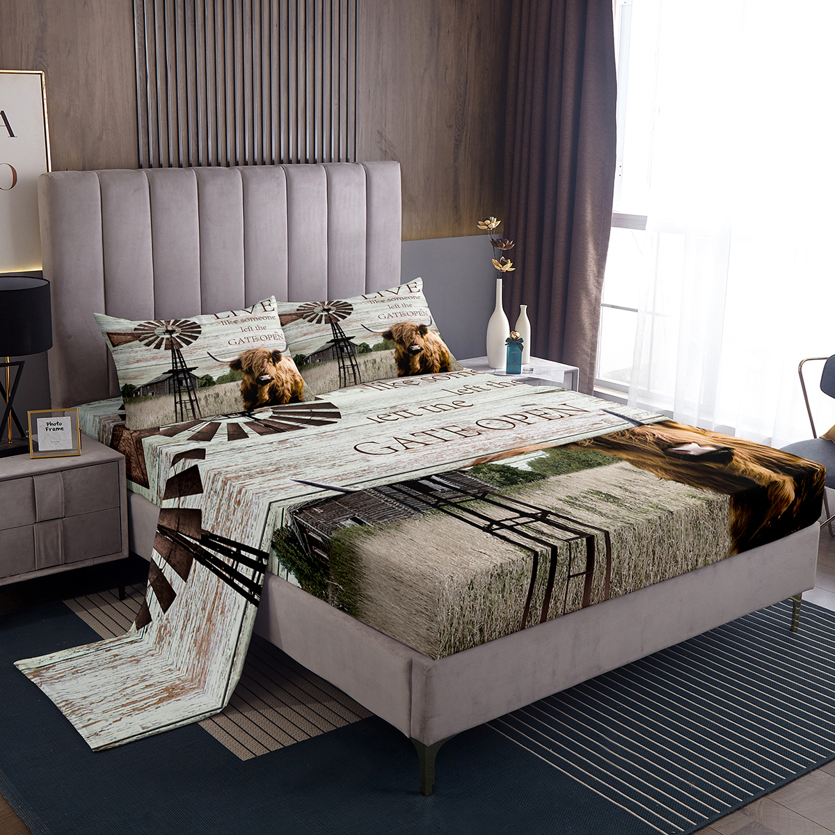 Highland Cow Bed Sheets Set Garden Windmill Decor Farmhouse Sheet Set ...