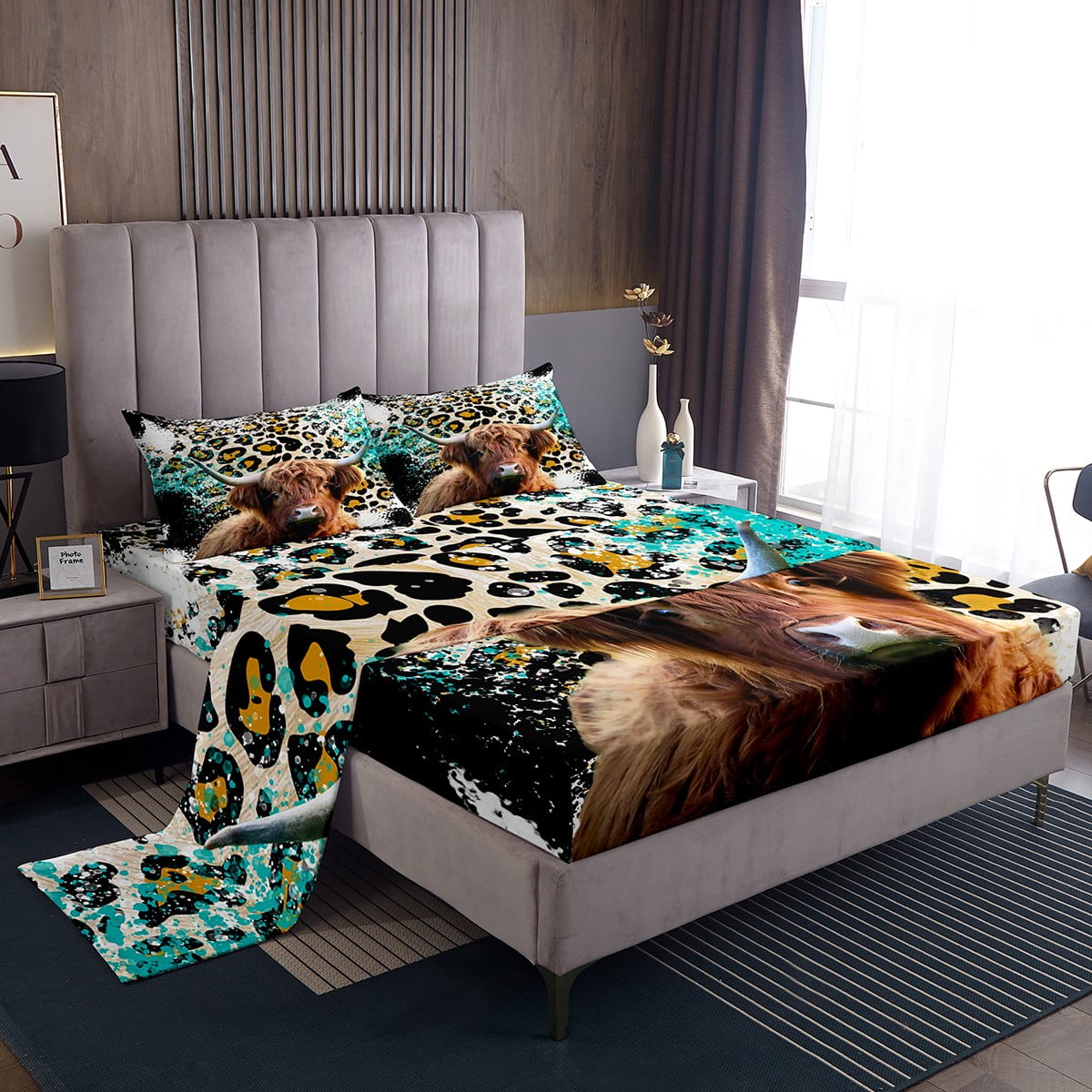 Highland Cow Bed Sheets Set Teal Brown Leopard Print Sheet Set King ...