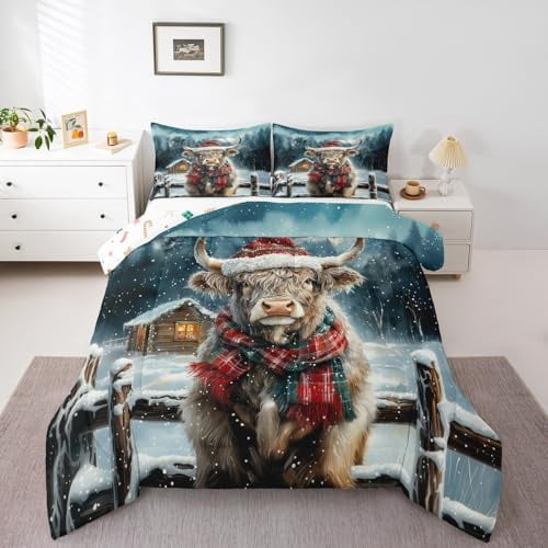 Highland Cow Bedding Comforter Sets King Winter Christmas Bedding Set ...