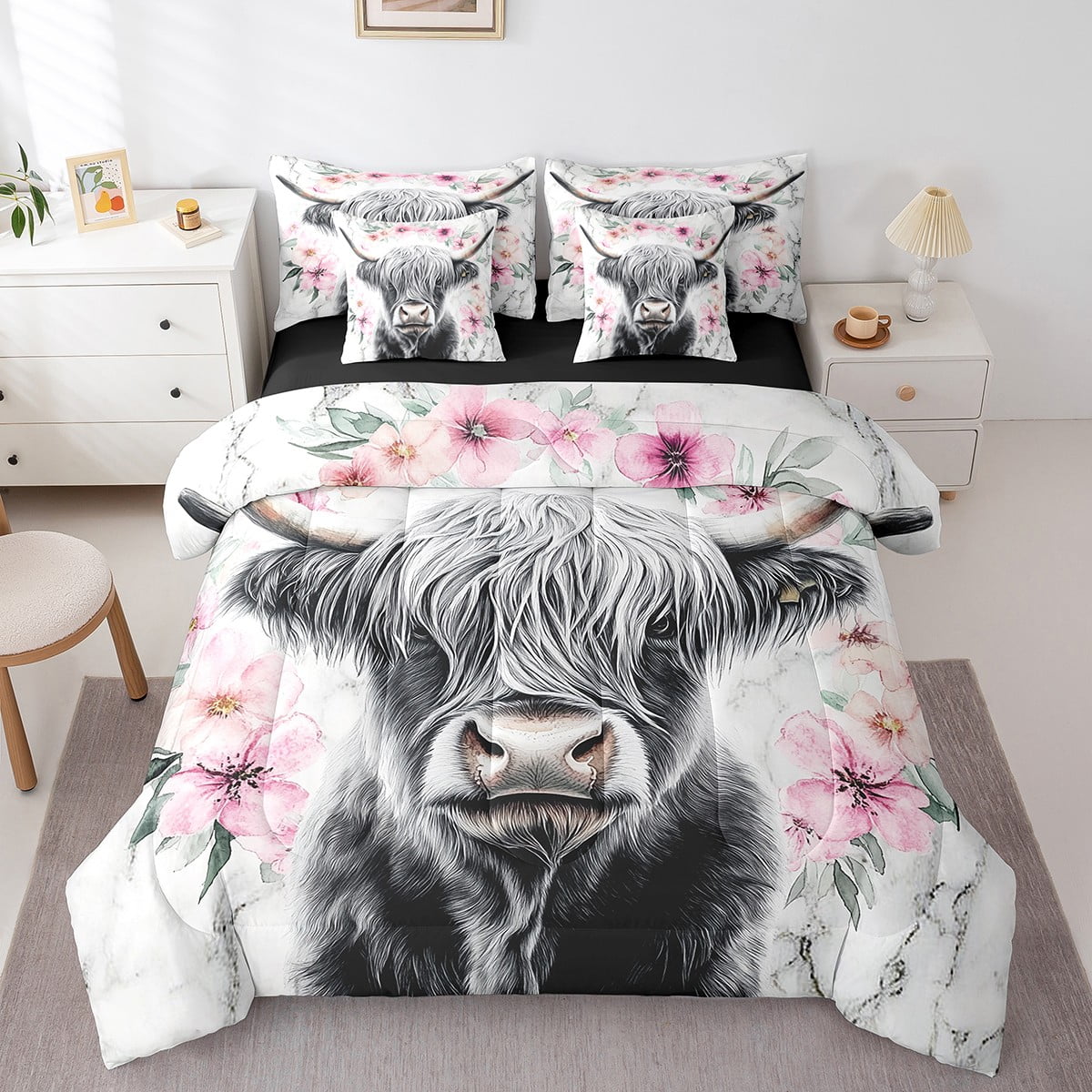 Highland Cow Bedding Full Size 7Pcs,Peach Blossom Printed Microfiber ...