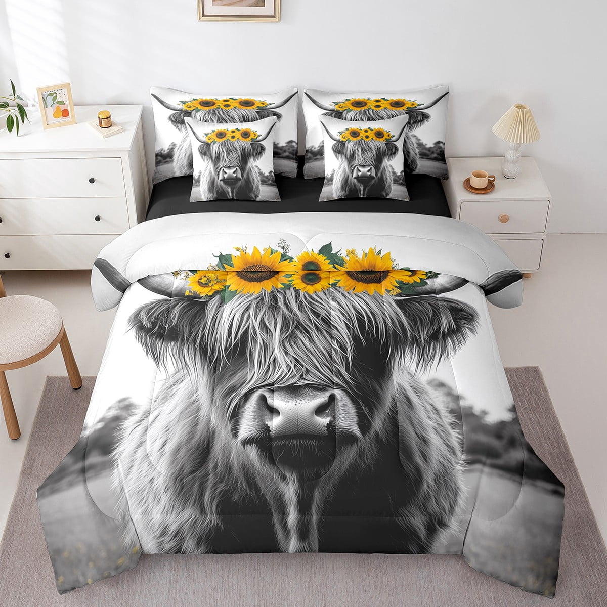Highland Cow Bedding King Size 7Pcs,Sunflower Animals Printed Comforter ...