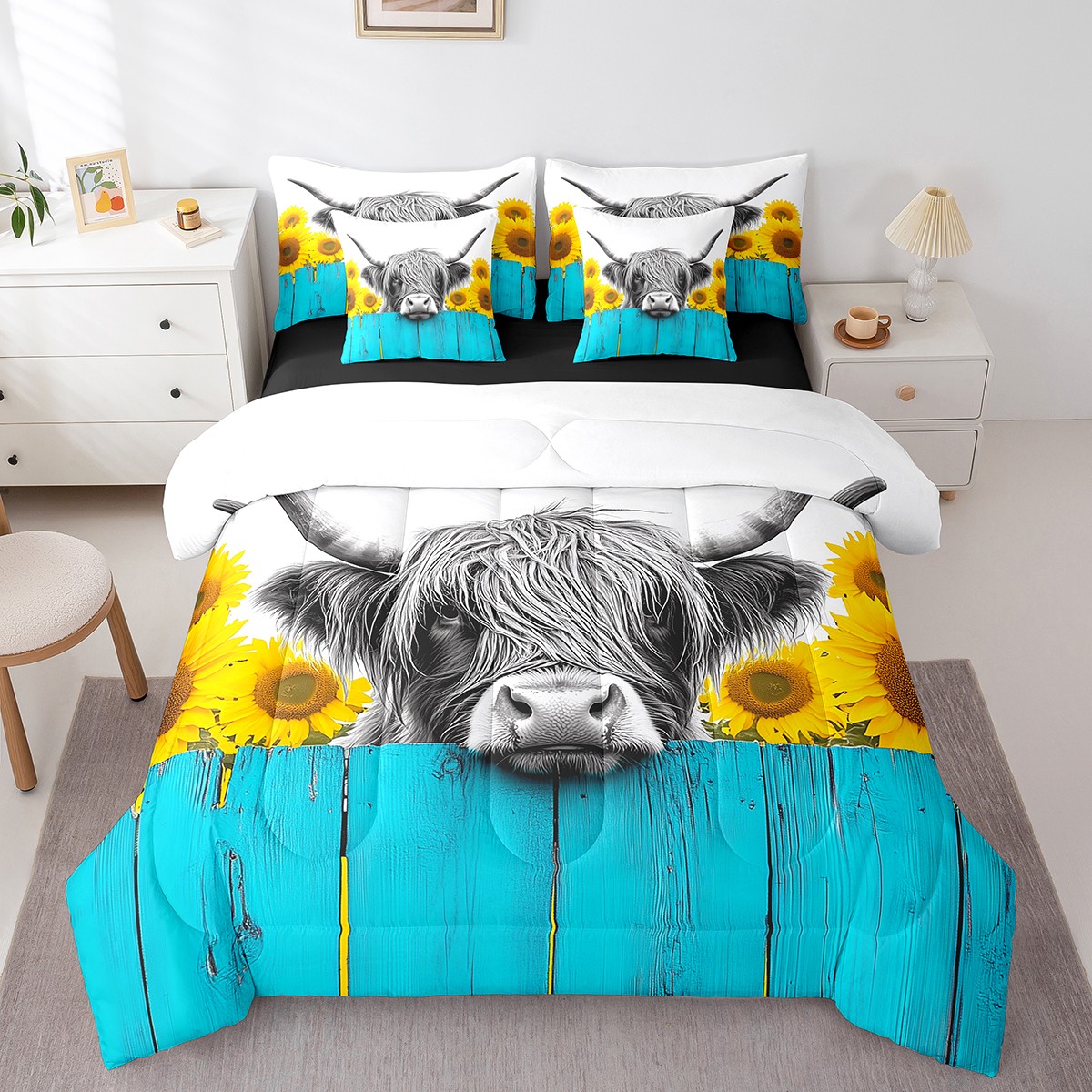 Highland Cow Bedding Queen Size 7Pcs, Animals Sunflowers Printed Comforter Set, Wooden Plank ...