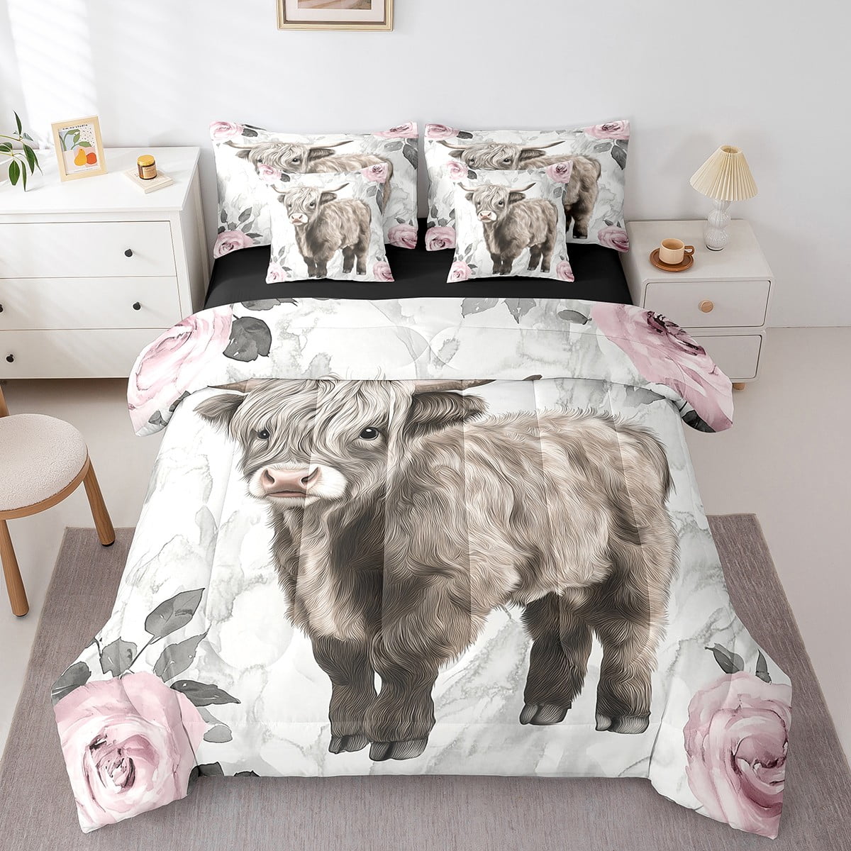 Highland Cow Bedding Queen Size 7Pcs,Rose Flowers Printed Microfiber Comforter Set,Florals ...