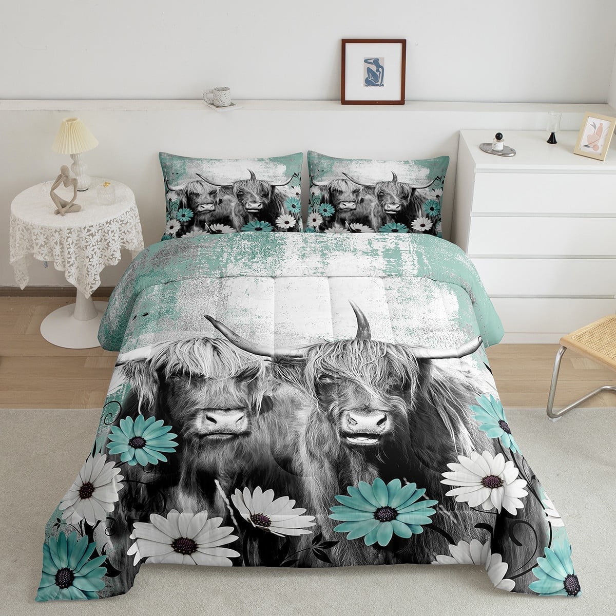 Highland Cow Bedding Set Cowboys Gift King, Western Farmhouse Comforter ...