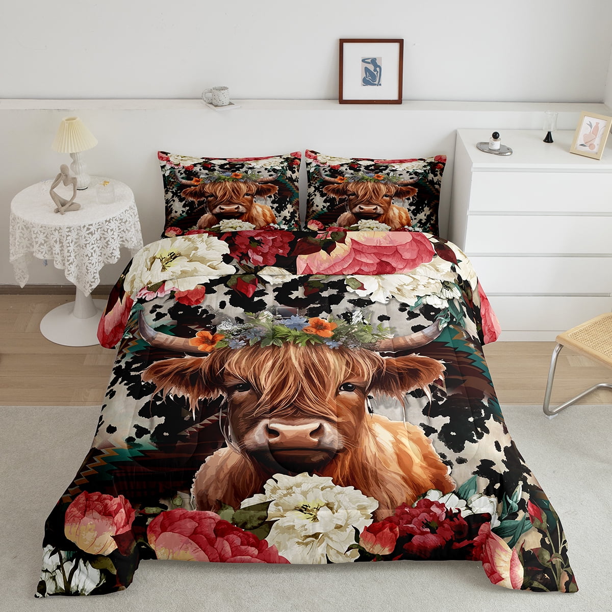Highland Cow Bedding Set Cowboys Gifts for Men,WatercolorFlowers Quilt ...