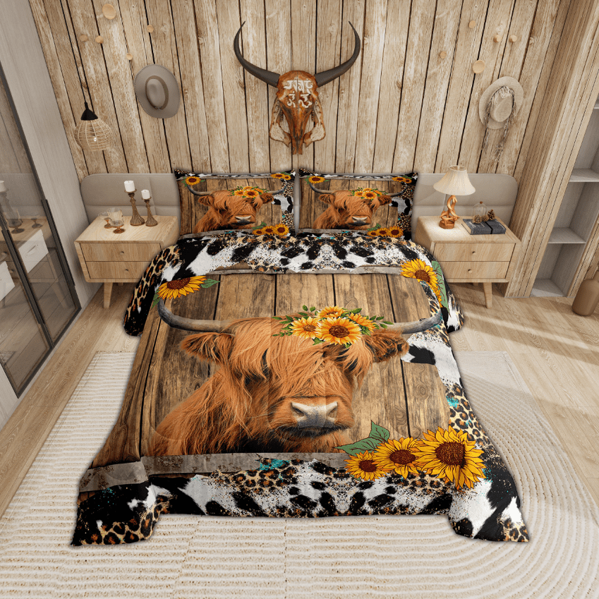 Highland Cow Bedding Set Cowboys Gifts,Sunflower Quilt Leopard Print ...