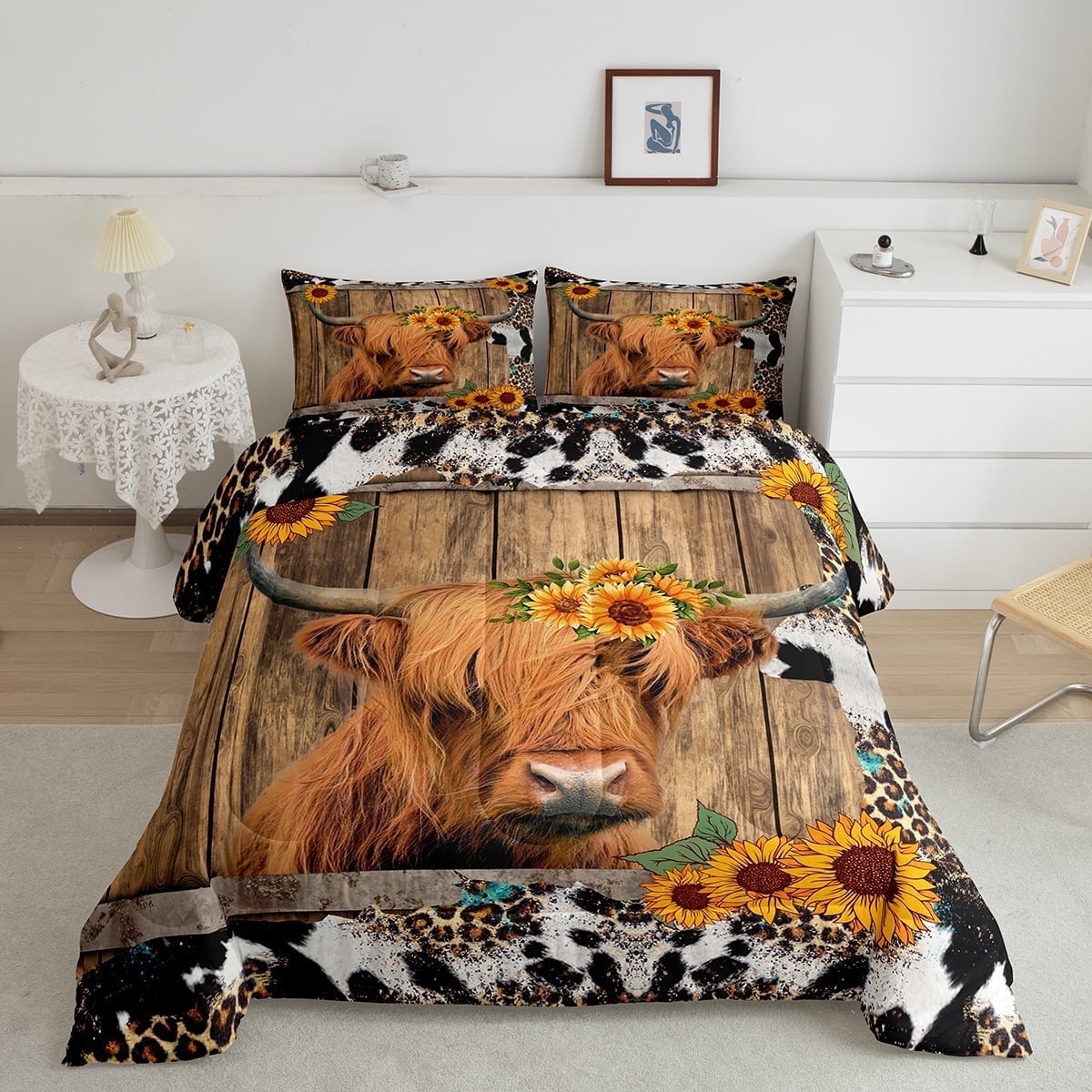 Erosebridal Western Comforter Set Queen King, Rustic Highland Cow Sunflower Leopard Print ...