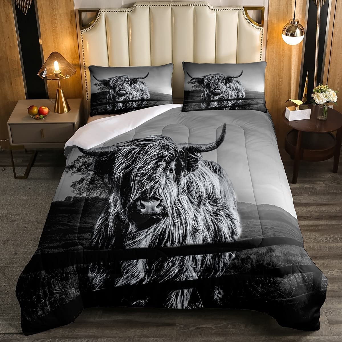 Highland Cow Bedding Set Full Size Grey Bull Cattle Comforter Set Funny ...