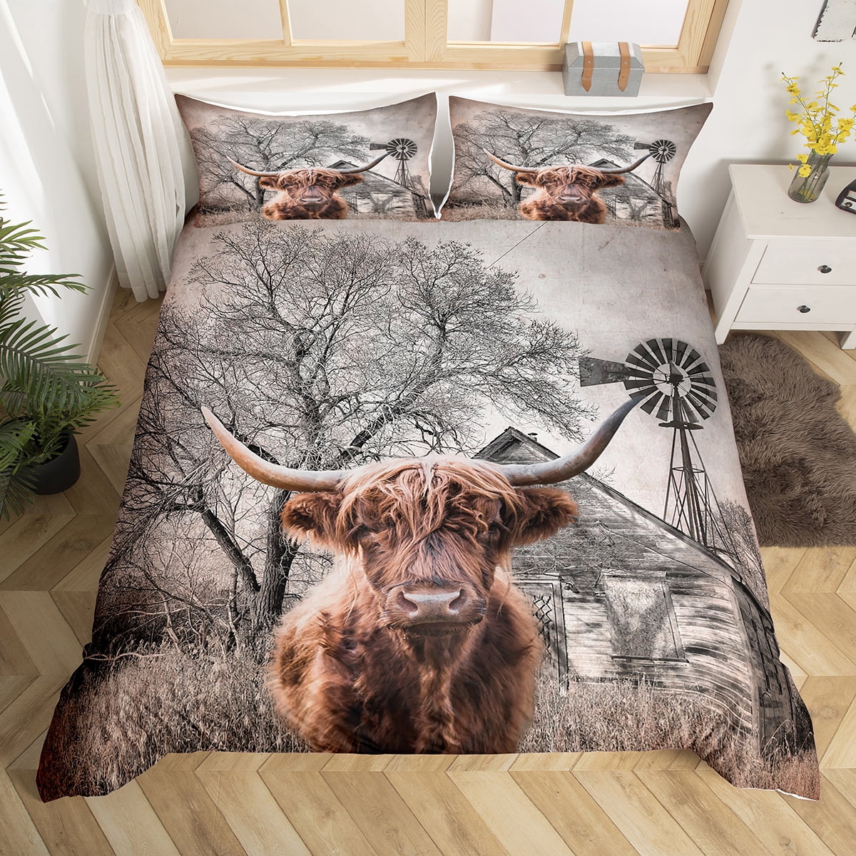 Highland Cow Bedding Set for Girls,Garden Windmill Decor Comforter ...