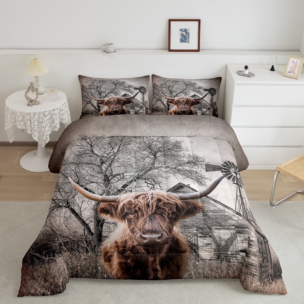 Highland Cow Bedding Set ,Garden Windmill Decor Quilt Country Lodge ...