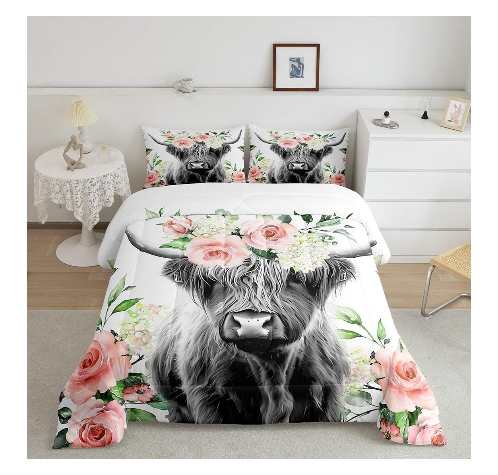 Highland Cow Bedding Set Kids Rose Floral Bull Cattle Comforter Set for ...