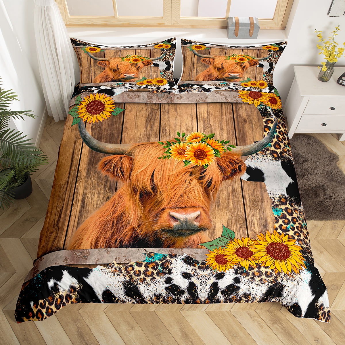 Highland Cow Bedding Set King Cowboys Gifts for Men,Sunflower Comforter ...