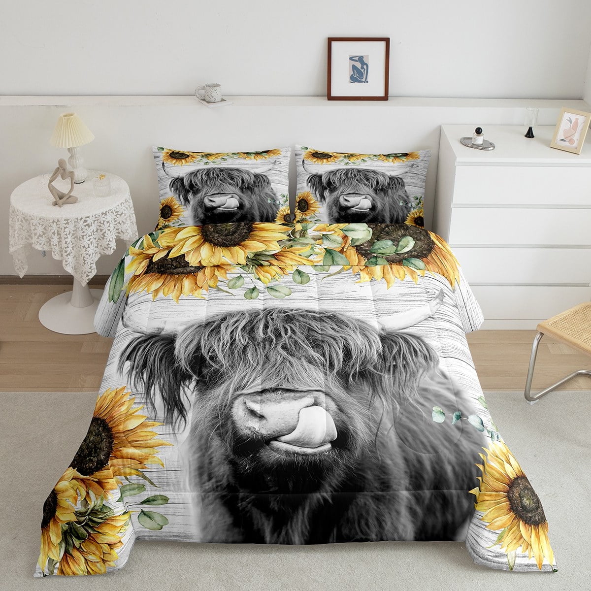 Highland Cow Bedding Set King Size, Bull Cattle Sunflower Comforter Set Teens, Wild Animal ...
