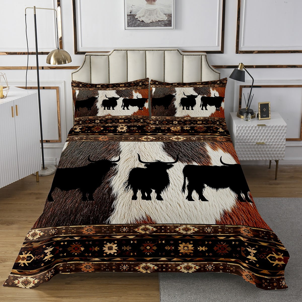 Highland Cow Bedspread Set Geometric Aztec Quilt Set Twin,Farm Animals ...