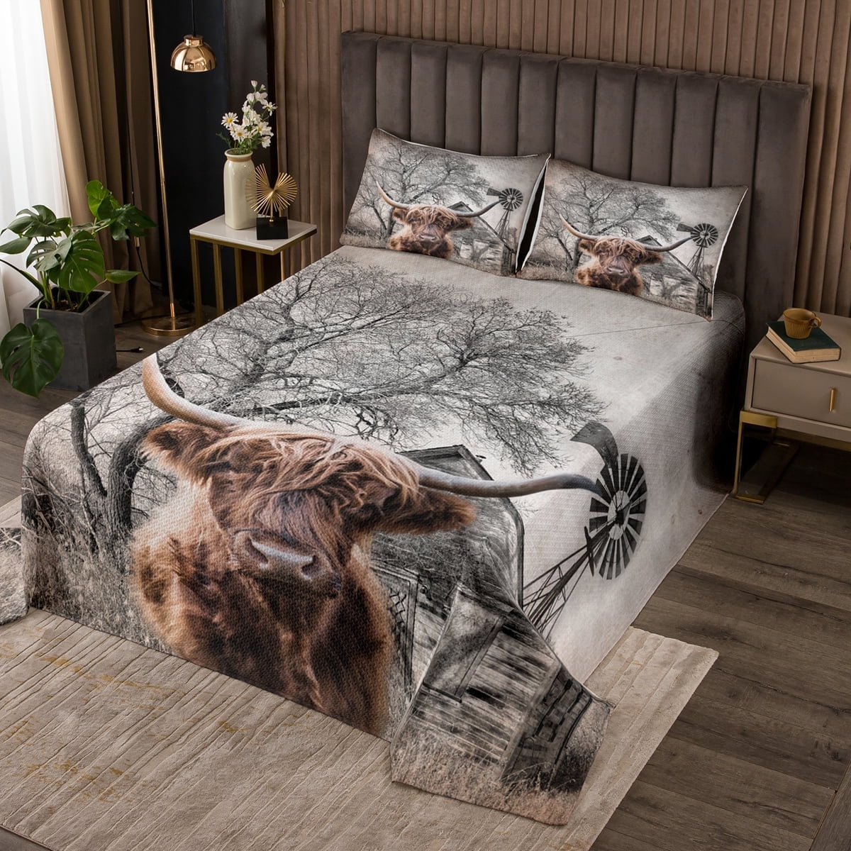 Highland Cow Bedspread Set ,Garden Windmill Decor Coverlet Set Country ...