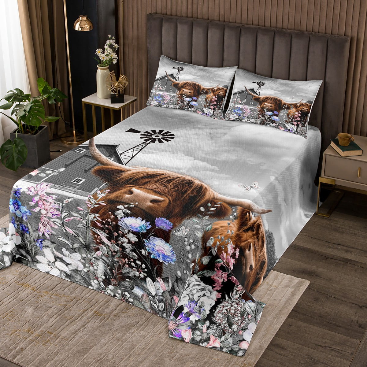 Highland Cow Bedspread Set for Girls,Garden Windmill Decor Coverlet Set ...