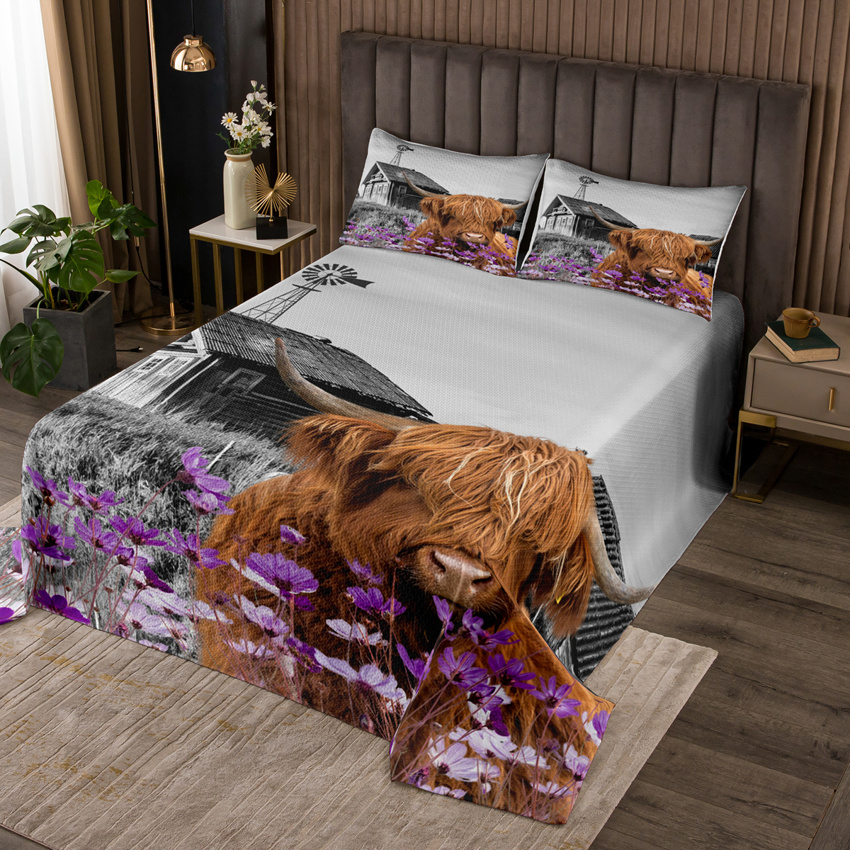 Highland Cow Bedspread Set,Garden Windmill Decor Coverlet Set Country ...