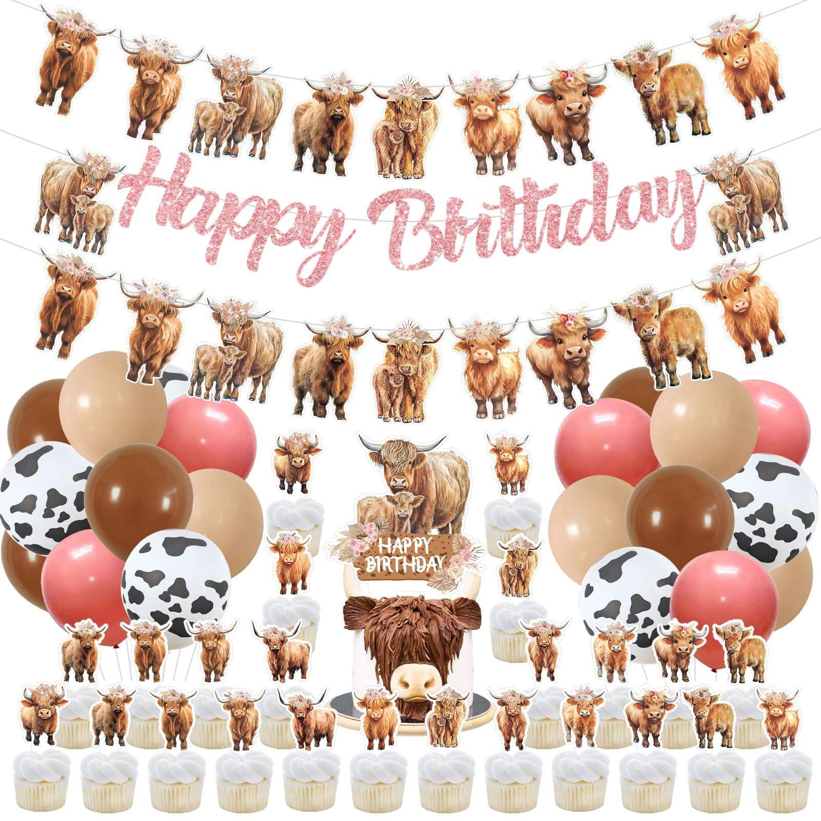 Highland Cow Birthday Party Decorations for BSL1 Little Girl - 48 Pieces Pink Glitter Cow Party ...