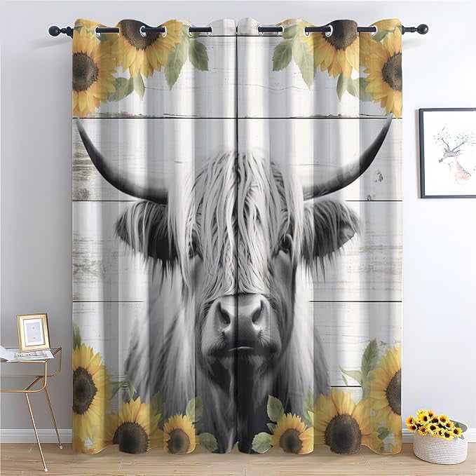 Highland Cow Blackout Curtains For Bedroom Living Room, Sunflower ...