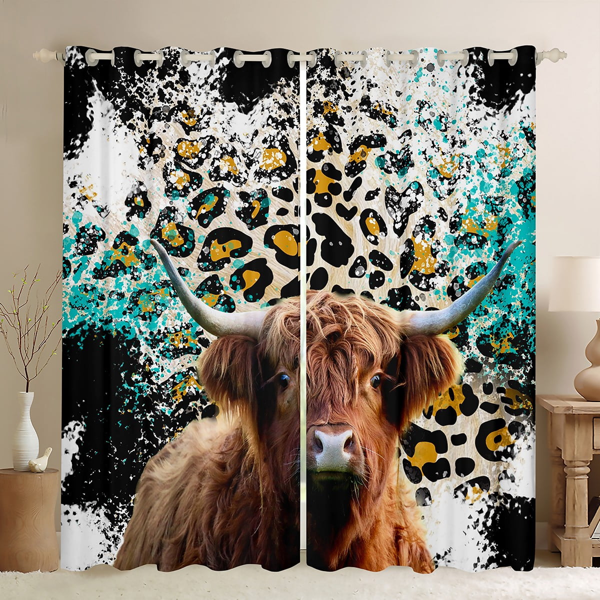 Highland Cow 30%-50% Blackout Curtains for Bedroom Teal Brown Leopard ...