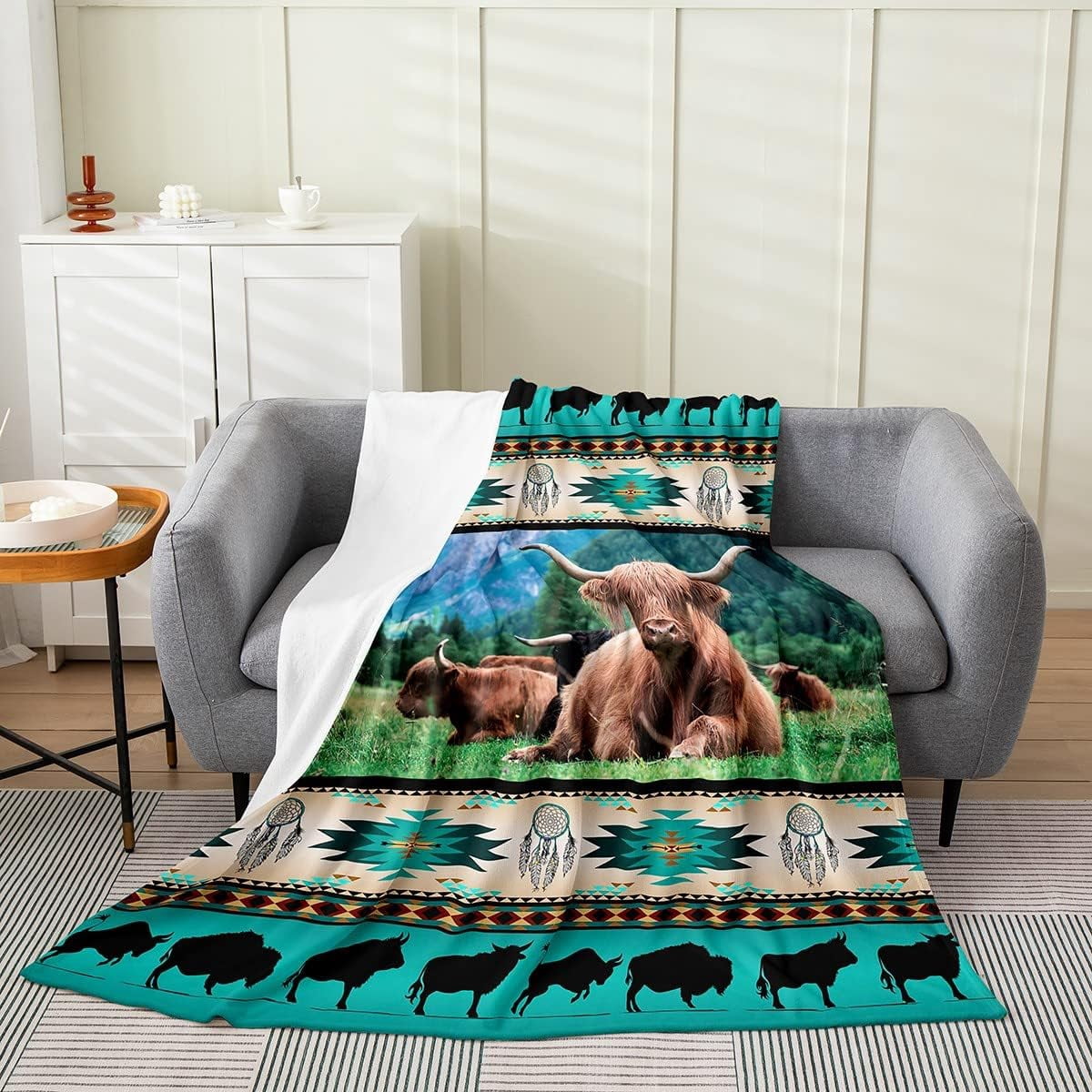 Highland Cow Blanket Longhorn Bull Southwestern Native Aztec Throw ...