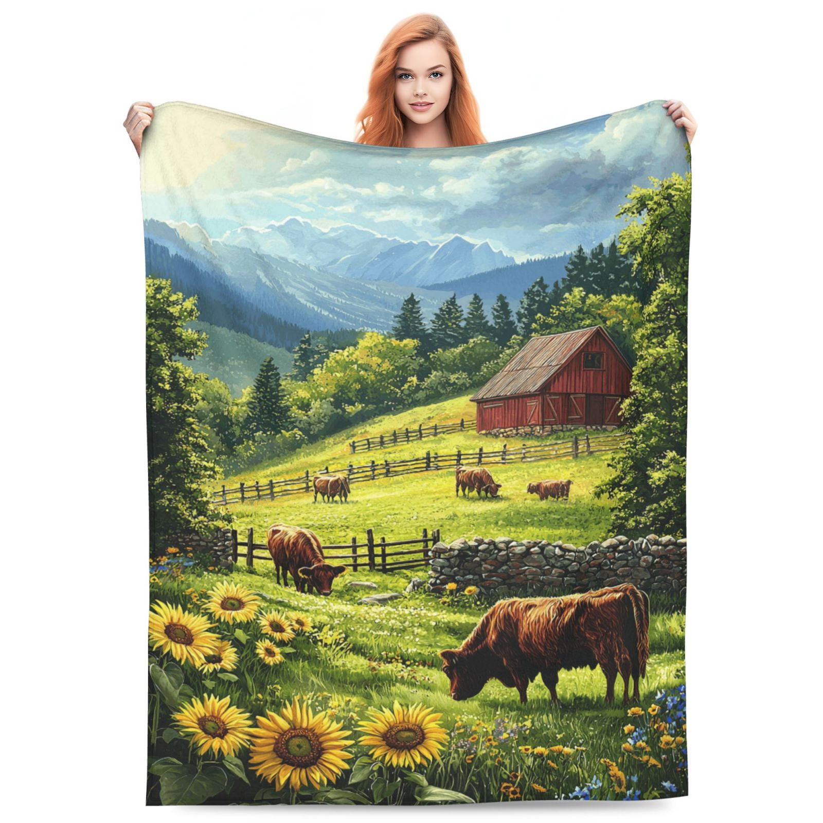 Highland Cow Blanket Sunflower Meadow Blanket Red Barn Mountain Rustic ...