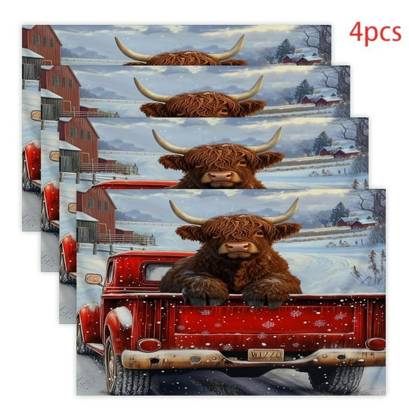 Highland Cow Brown Cow in Red Truck Placemats Set of 4，Washable ...