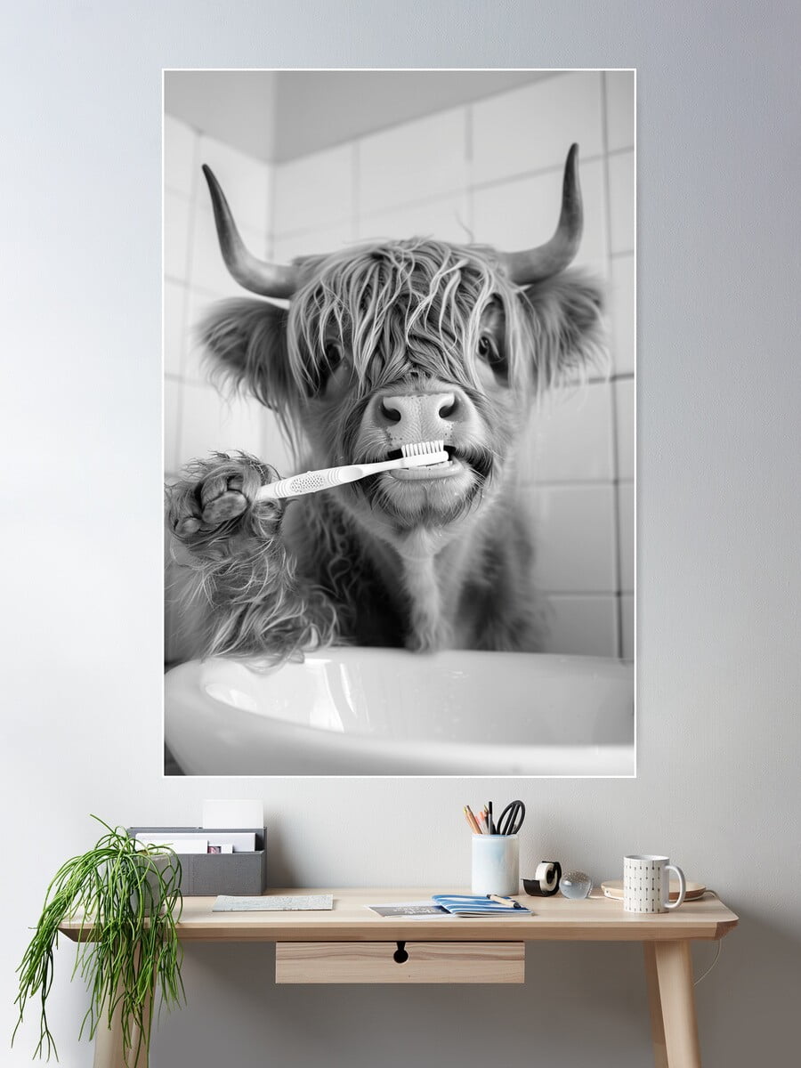 Highland Cow Brushing Teeth In The Bathroom Poster Wall Art, Modern ...