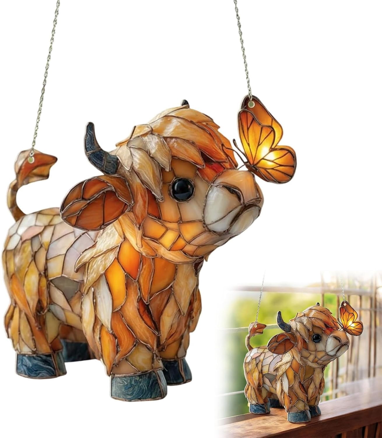 Highland Cow Butterfly Suncatcher, Stained Glass Style Farm Animal ...