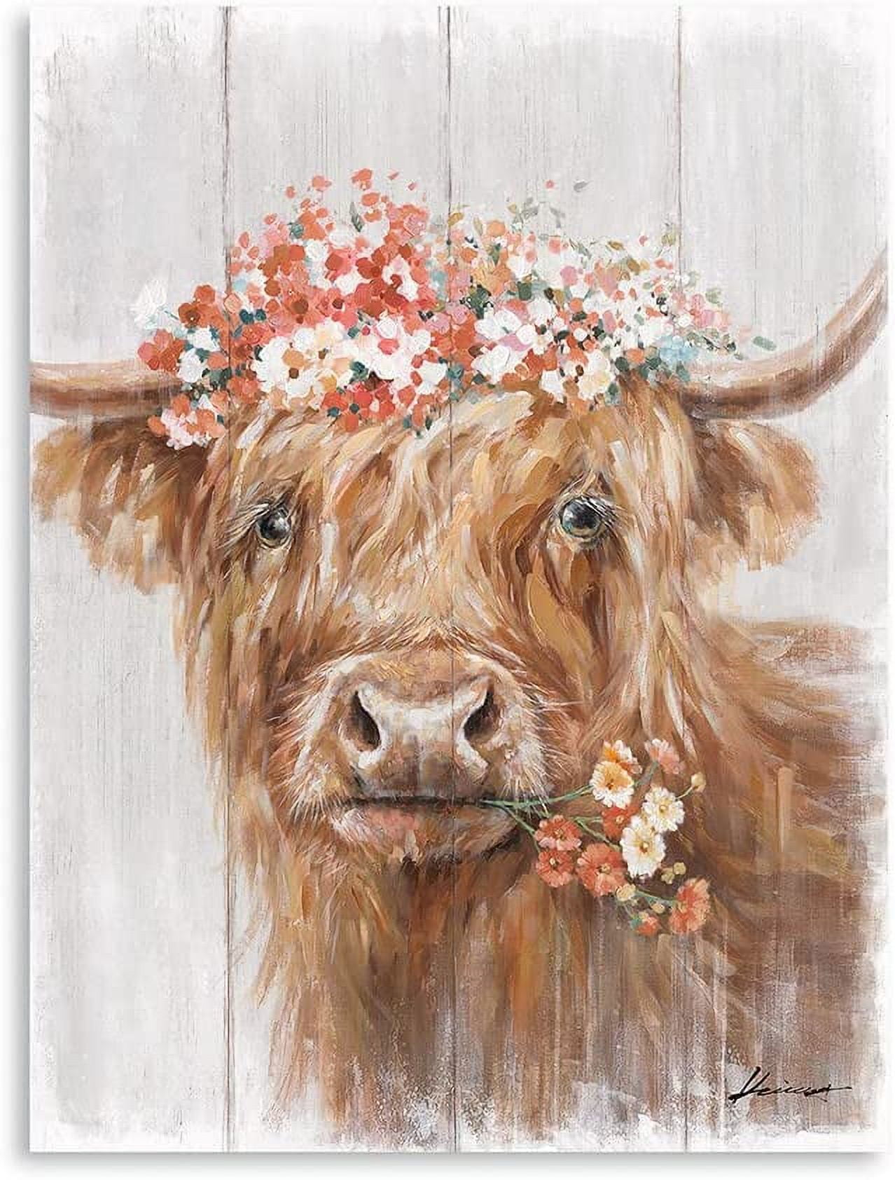Highland Cow Canvas Farmhouse Decor: Funny Cow Wall Art with Flowers ...