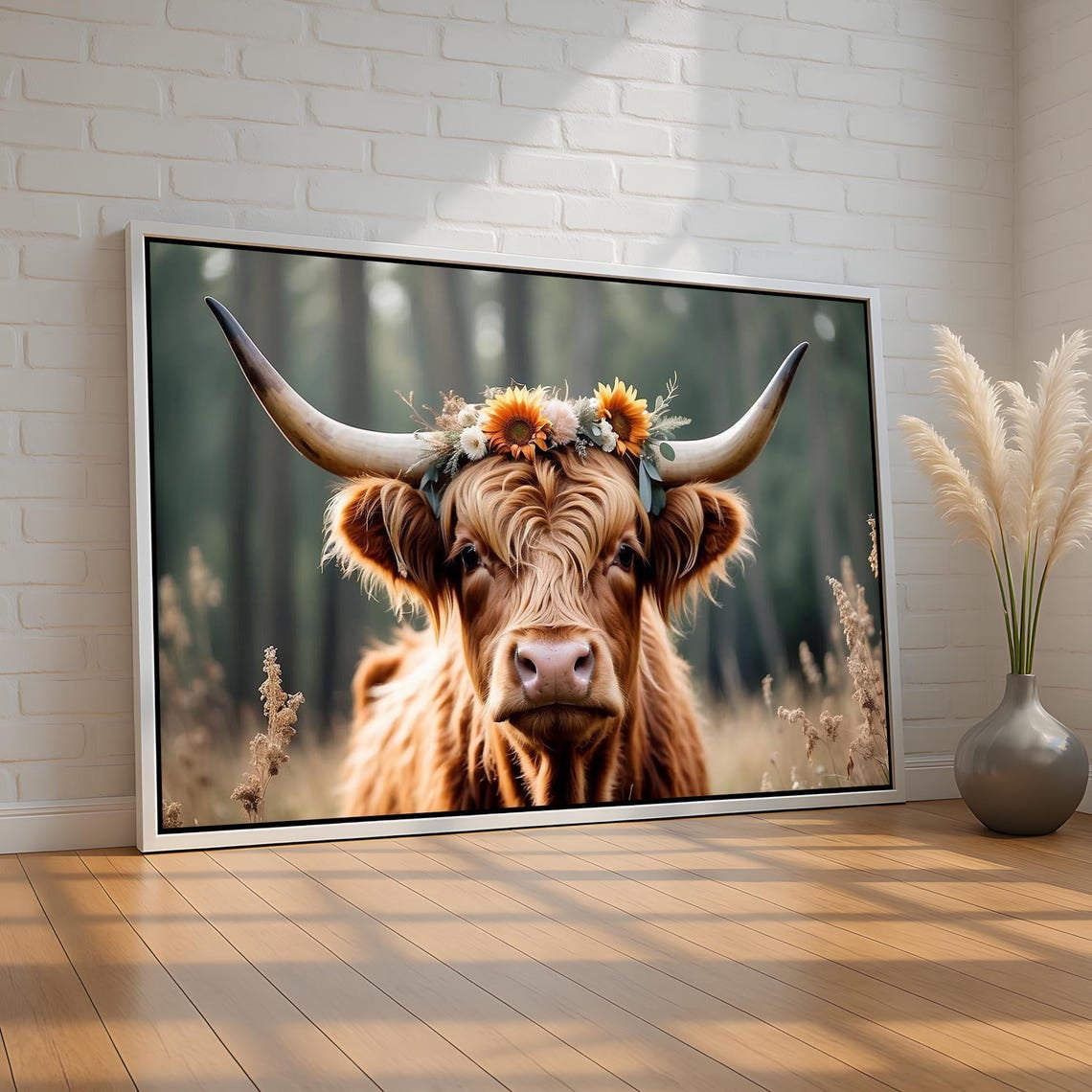 Highland Cow Canvas & Poster Rustic Farmhouse Wall Art Floral Crown ...