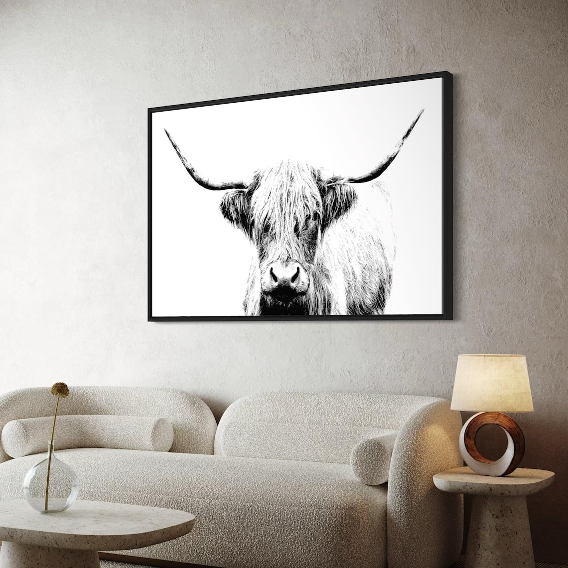 Highland Cow Canvas Wall Art | Black & White Horned Cow Poster Print ...