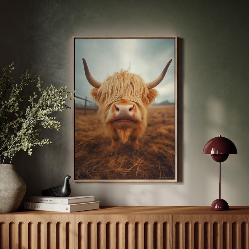 Highland Cow Canvas Wall Art – Shaggy Farm Animal Print for Rustic ...