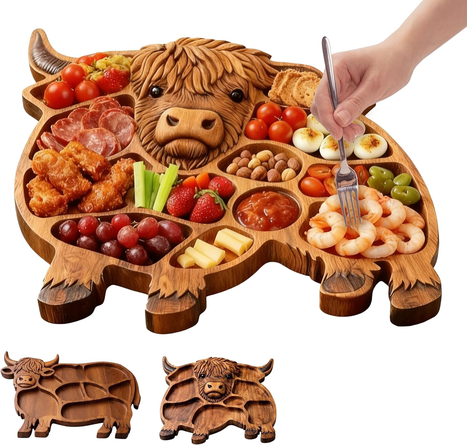 Highland Cow Charcuterie Board with Compartments, Natural Solid Wood ...