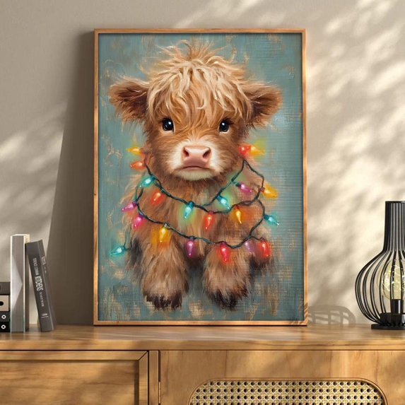 Highland Cow Christmas Lights Art: Farmhouse Holiday Decor, Unframed ...