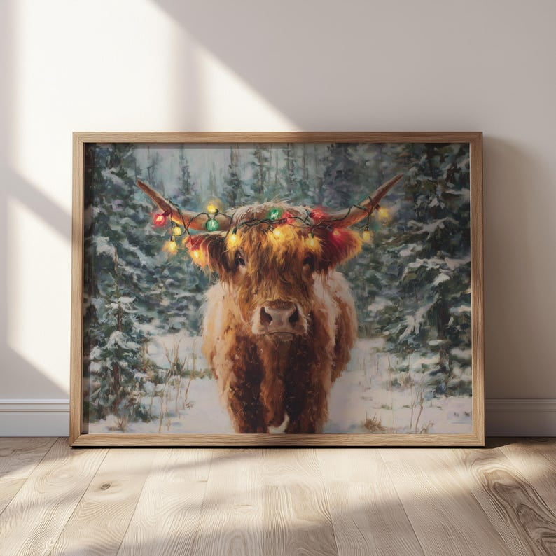 Highland Cow Christmas Wall Art, Farmhouse Holiday Print, Rustic ...
