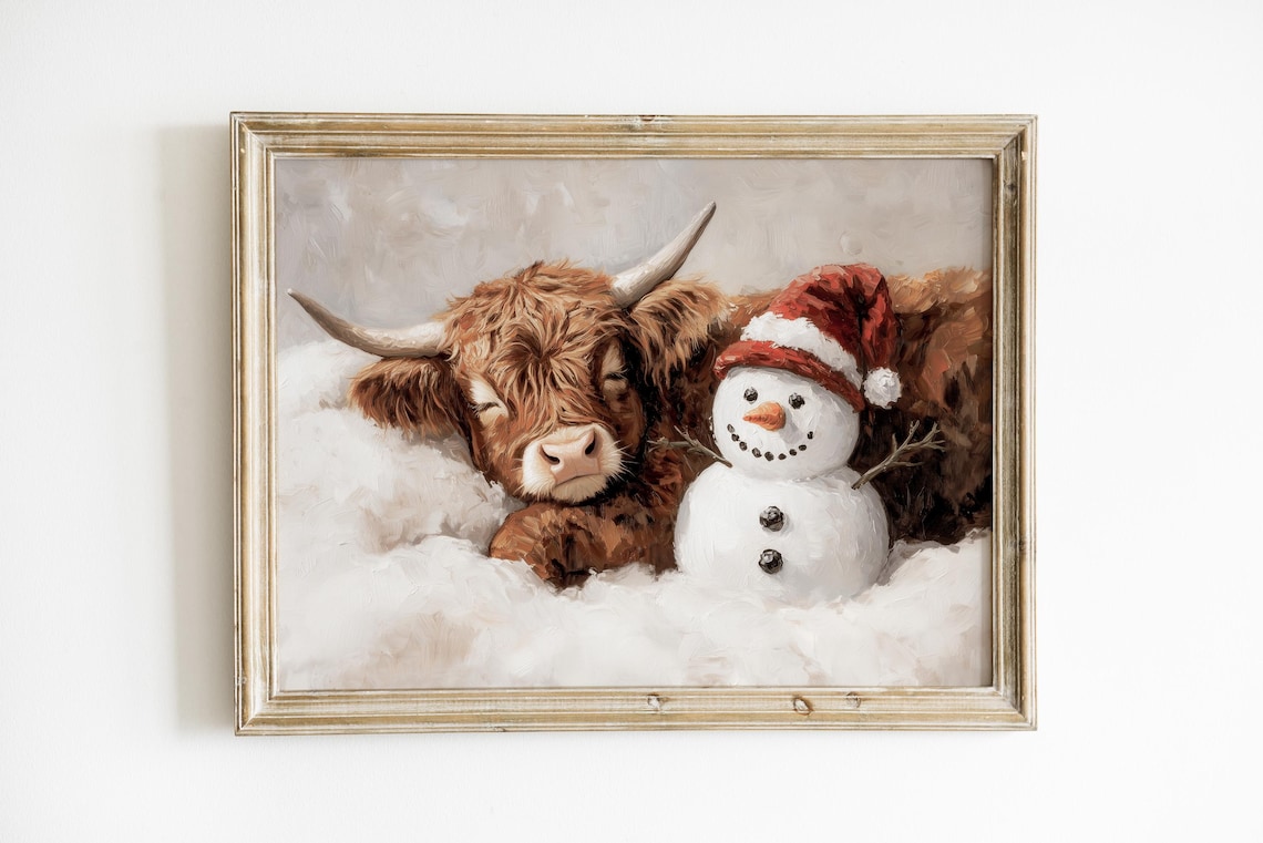 Highland Cow Christmas Wall Art Farmhouse Rustic Snowman Print Holiday ...