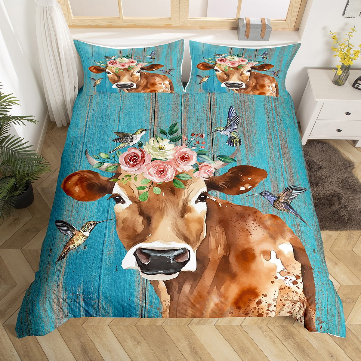 Highland Cow Comforter Cover Rustic Farmhouse Blue Wooden Decor Twin ...