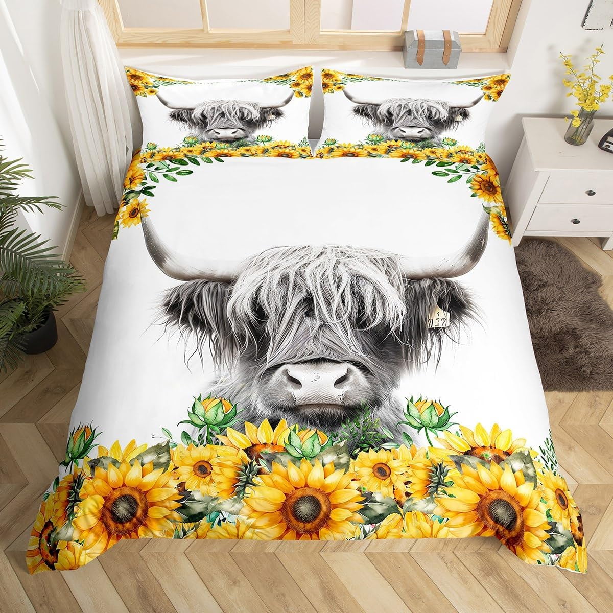 Highland Cow Comforter Cover Set Bull Cattle Bedding Set Yellow Sunflower Print Duvet Cover ...