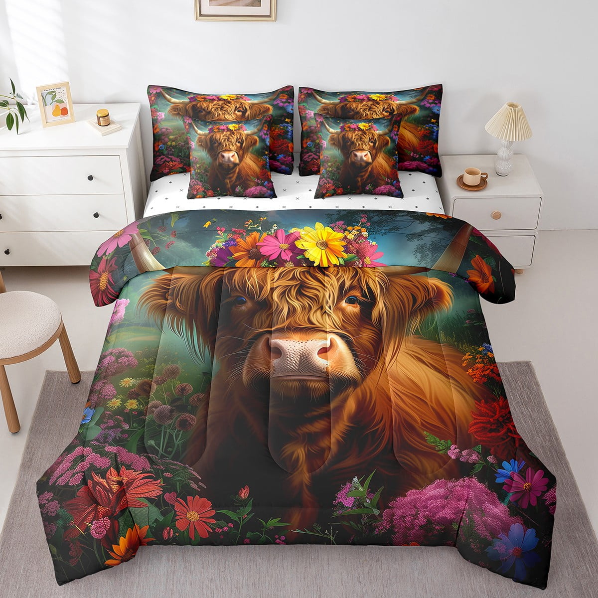 Highland Cow Comforter Set 7Pcs Queen Rustic Farm Animal Bedding Set, Western Farmhouse Style ...